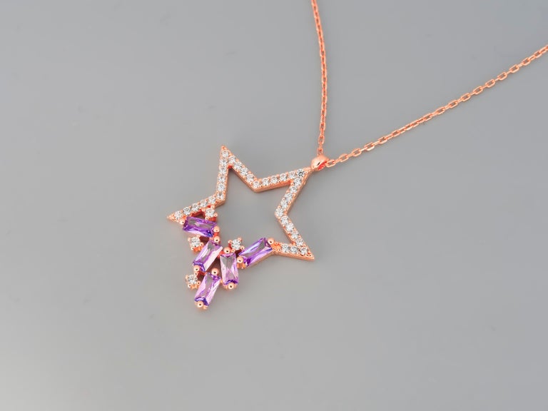 Star Pendant Necklace with Diamonds and Amethysts in 14k Gold For Sale ...