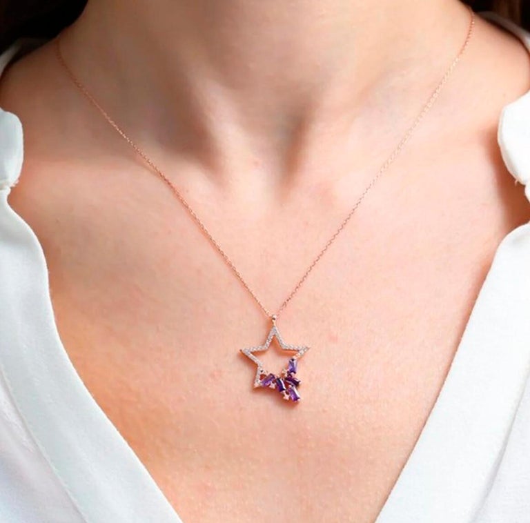 Star Pendant Necklace with Diamonds and Amethysts in 14k Gold For Sale ...