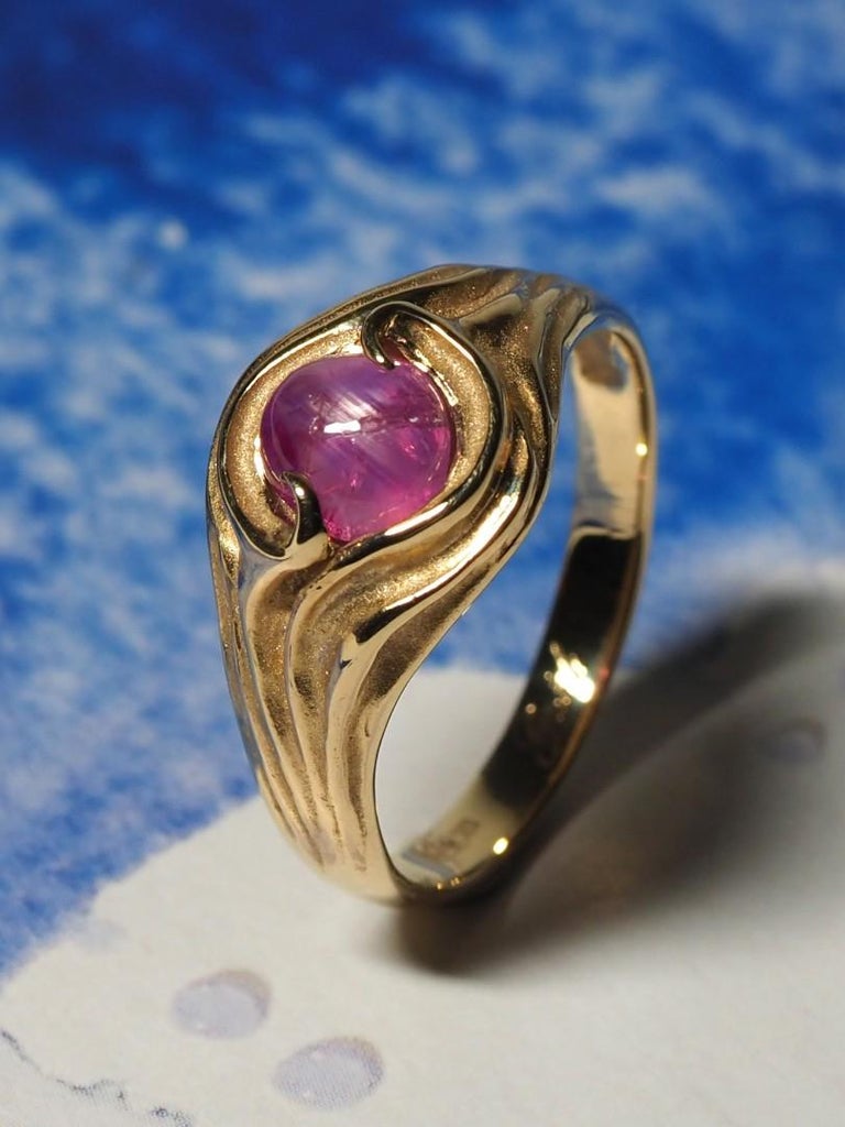 Star Ruby Gold Ring Hot Pink Natural Cabochon Gem Report Swirl Band ...