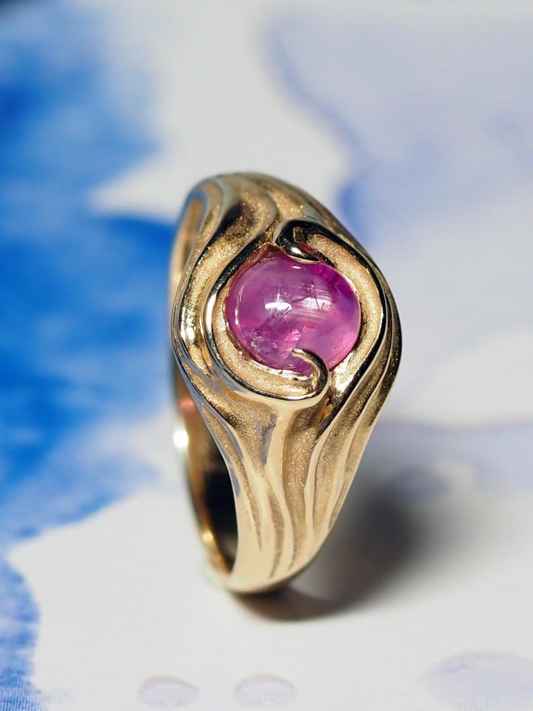 Star Ruby Gold Ring Hot Pink Natural Cabochon Gem Report Swirl Band ...