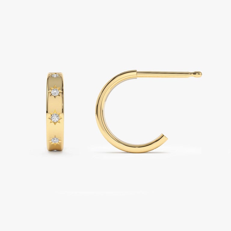 Star Setting Diamond Earring / 14k Gold Diamond Hoop Earrings / Minimal ...