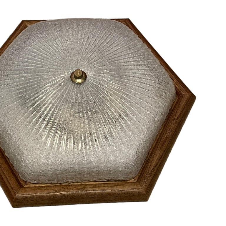 Starburst Pattern Ice Glass and Wood, Flush Mount Ceiling Light ...