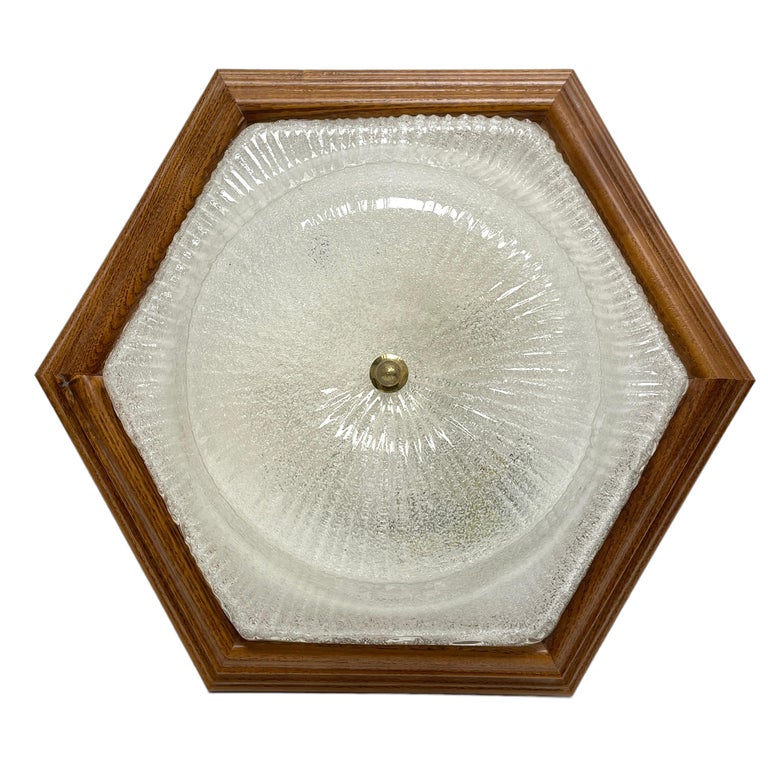 Starburst Pattern Ice Glass and Wood, Flush Mount Ceiling Light ...