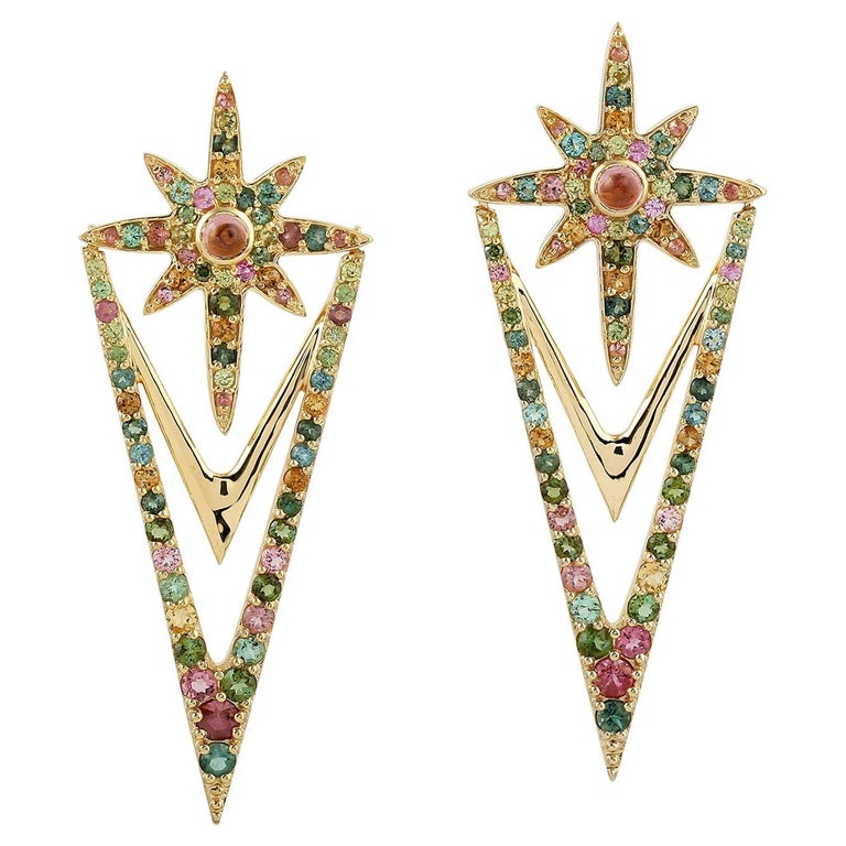Starburst Rhombus Shape Multi Tourmaline Dangle Earrings in 18k Yellow ...