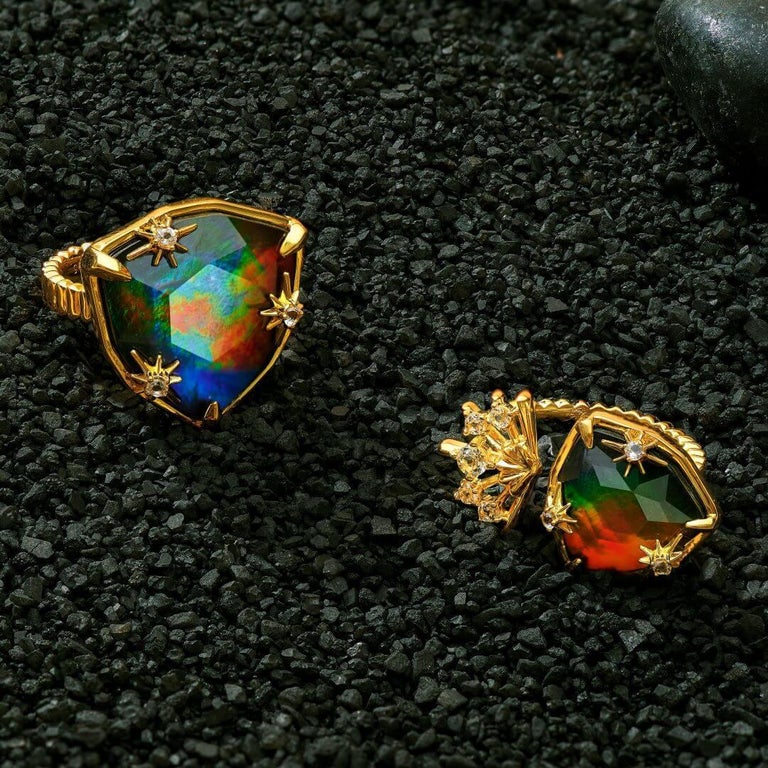 Starlight Trillion Ammolite Double Ring with White Topaz, 18k Gold ...