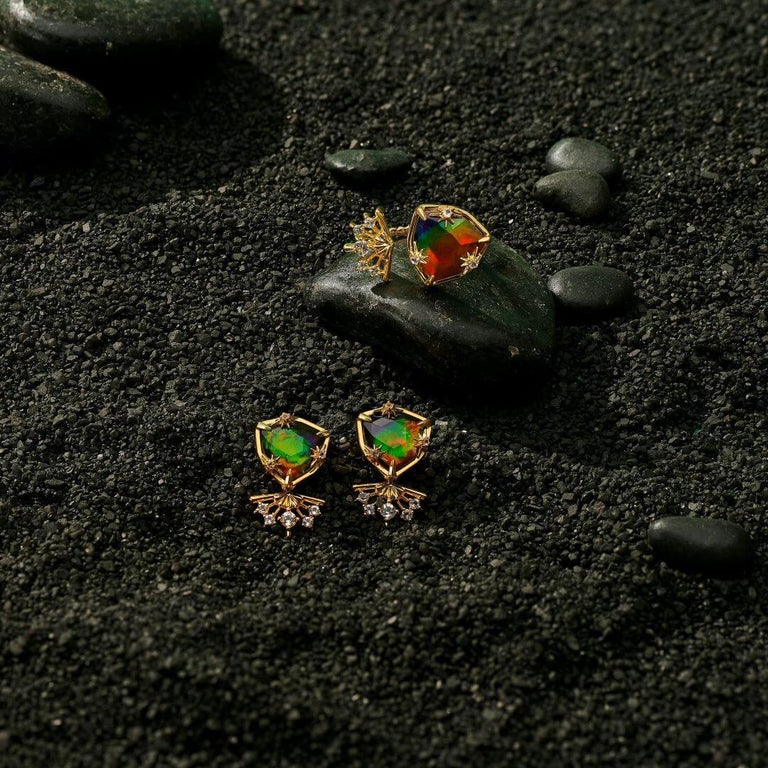 Starlight Trillion Ammolite Double Ring with White Topaz, 18k Gold ...