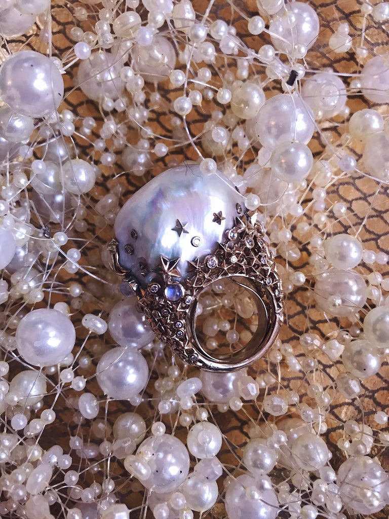 18 Karat Yellow Gold White Diamonds Baroque Pearl Moonstone Cocktail ...