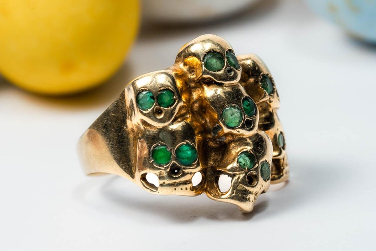 Statement Heavy 14k Gold Emerald Skull Ring, Memento Mori Gold Skull ...
