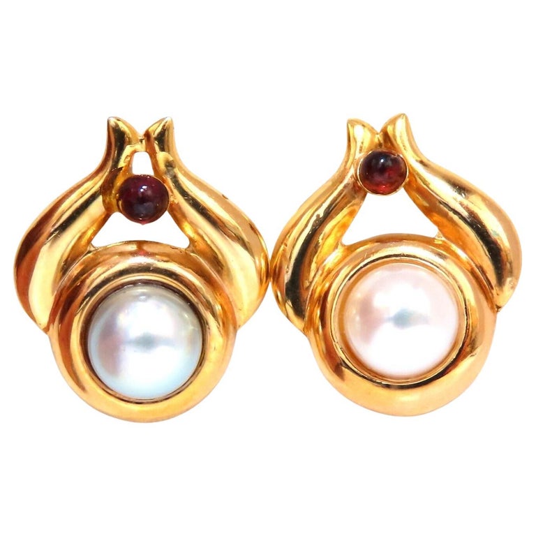 Statement Maybe Pearl Garnet Earrings 14 Karat For Sale at 1stDibs