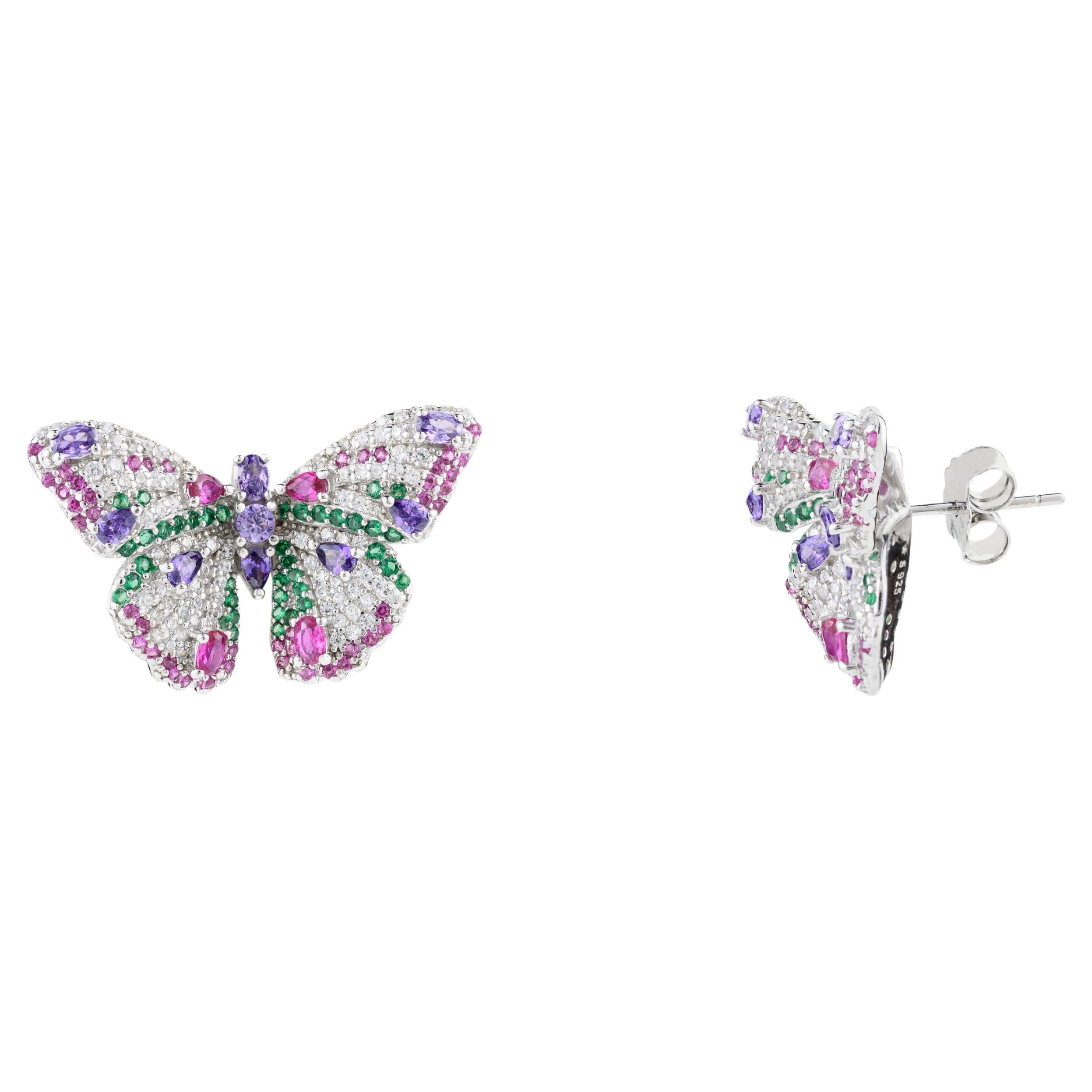 Multicolor Cubic Zirconia Butterfly Stud Earrings in Sterling Silver for Her For Sale at 1stDibs