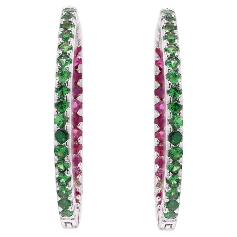 Statement Tsavorite and Ruby Inside-Outside Hoop Earrings in 18K White ...