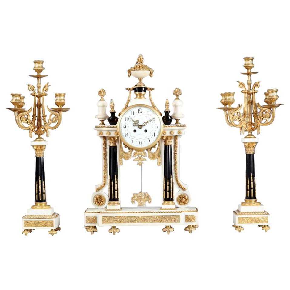 Statuary Marble and Blue Porcelain Clock Garniture with Ormolu Mounts ...