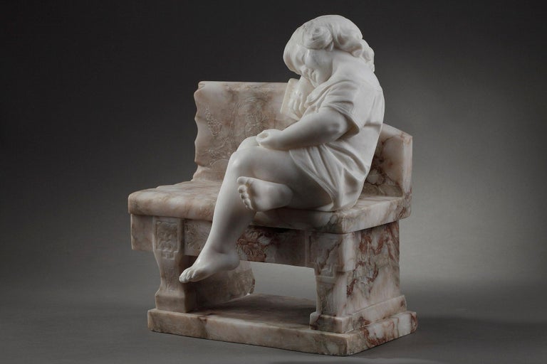 Statue of a "Child Sleeping on a Bench" in Alabaster and Marble For ...