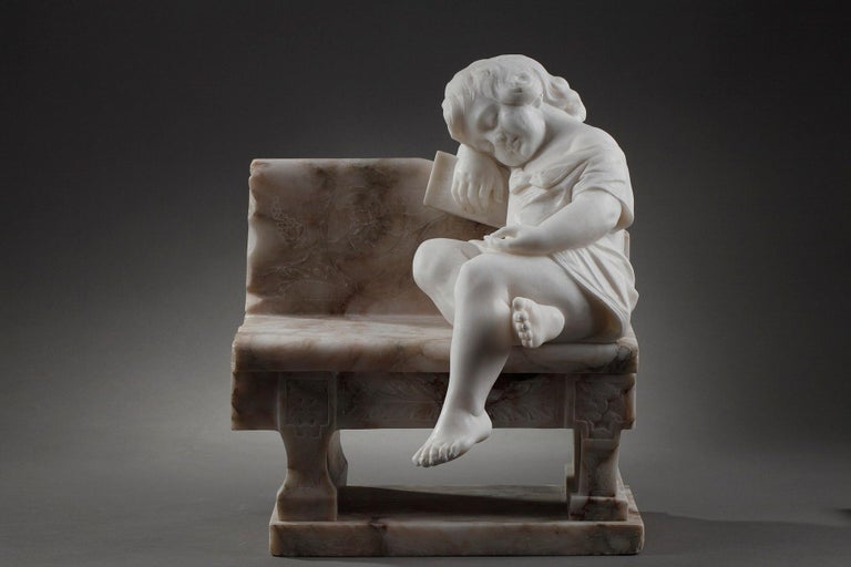 Statue of a "Child Sleeping on a Bench" in Alabaster and Marble For ...
