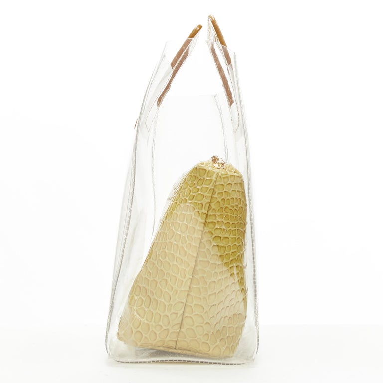 STAUD Shirley yellow stamped croc zip pouch handle clear PVC tote bag ...