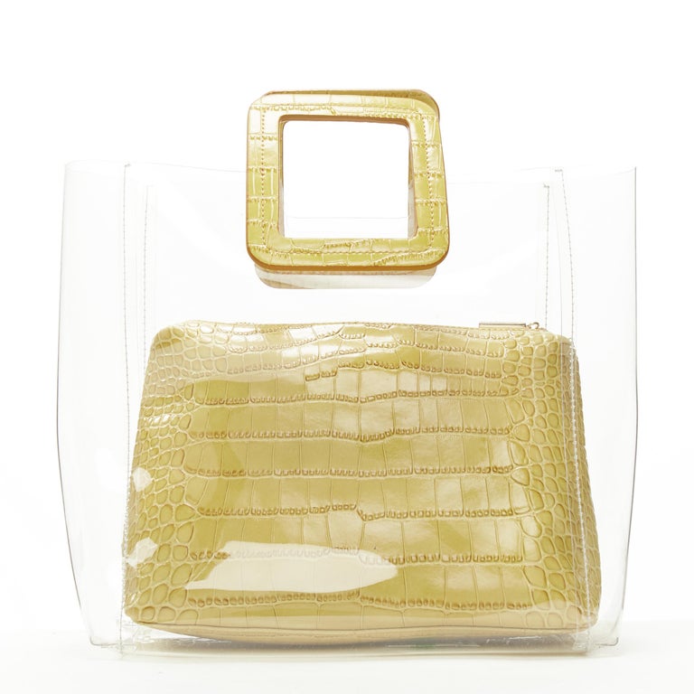 STAUD Shirley yellow stamped croc zip pouch handle clear PVC tote bag ...