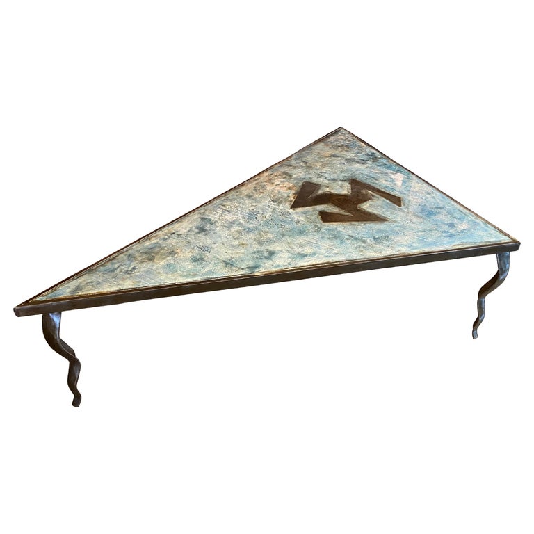 Steel / Bronze and Aqua Blue Triangle Cocktail Table, 1980's For Sale ...
