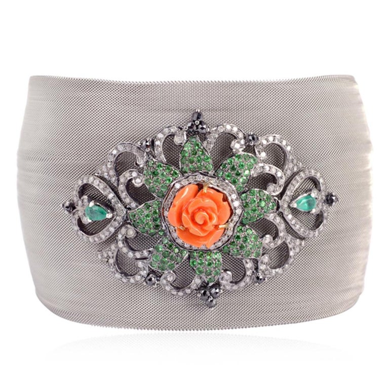 Carved Coral Flower Motif On Steel Mesh Cuff With Emerald And Diamonds ...