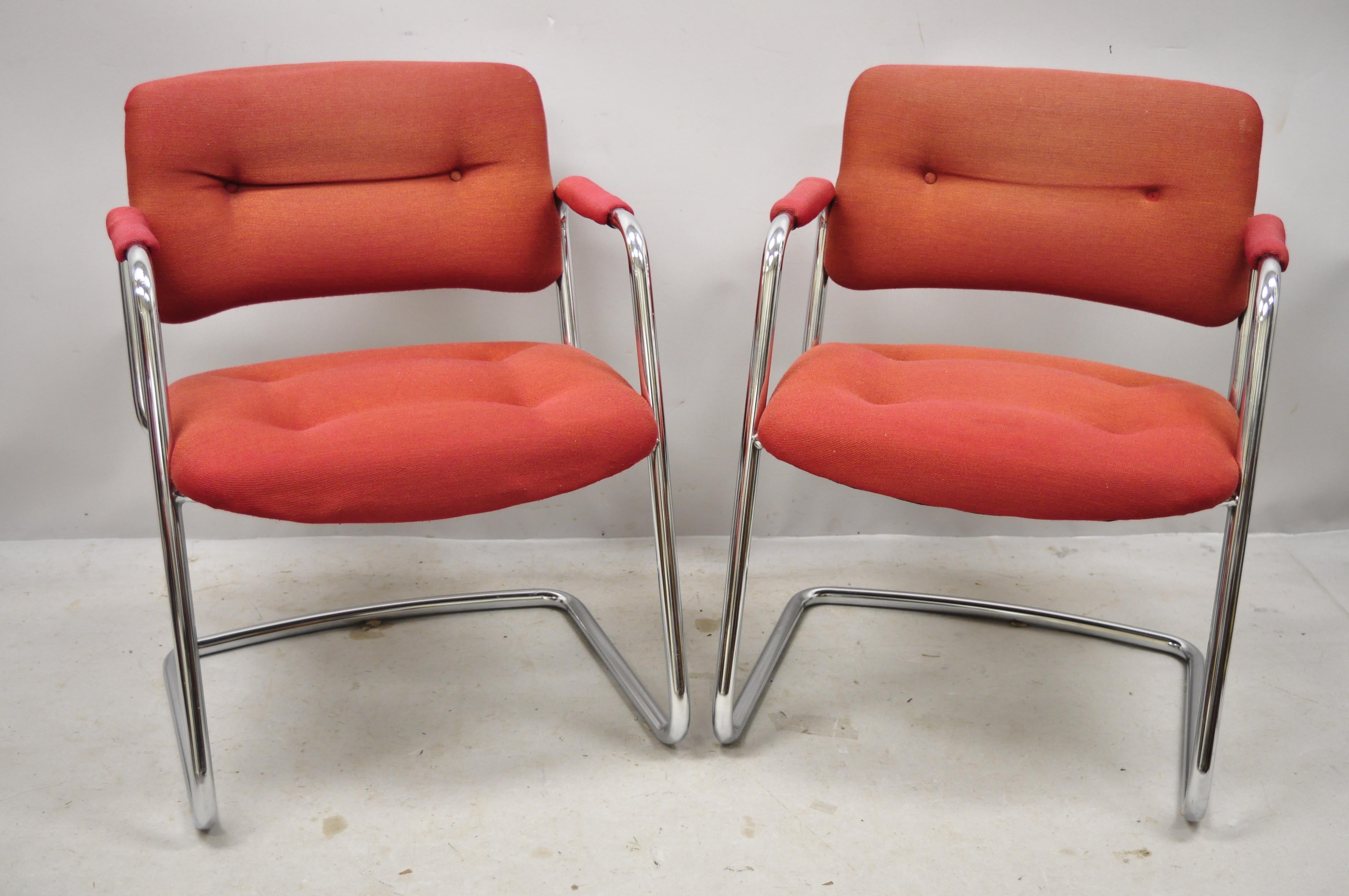 Steelcase Mid-Century Modern Tubular Chrome Red Upholstered Arm Lounge ...