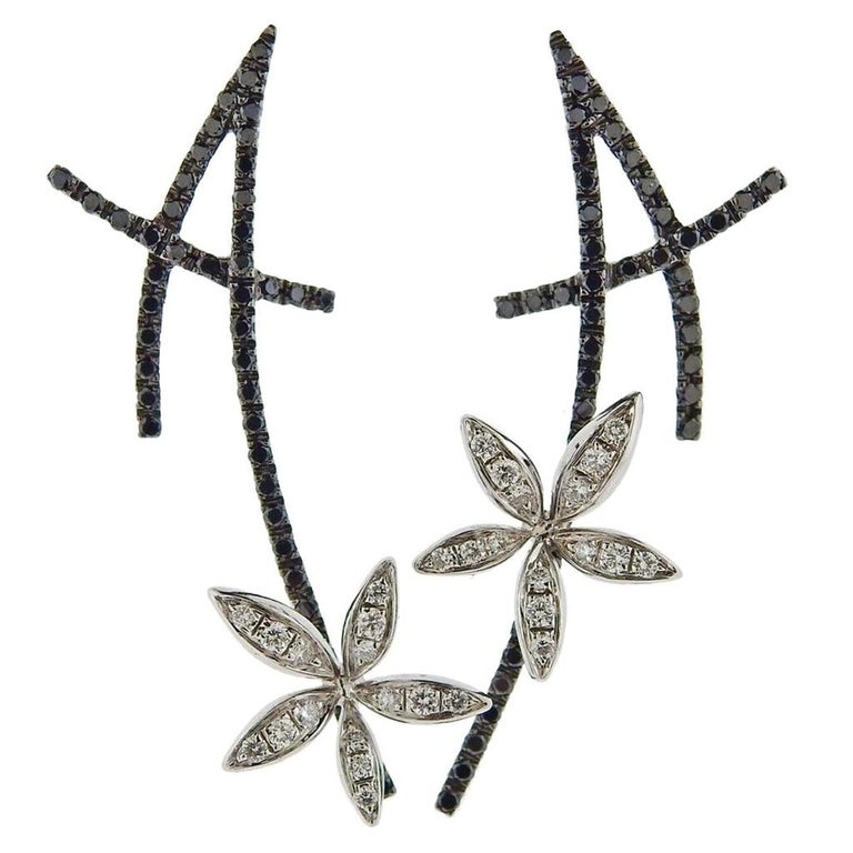 Stefan Hafner Gold Black White Diamond Flower Earrings at 1stDibs