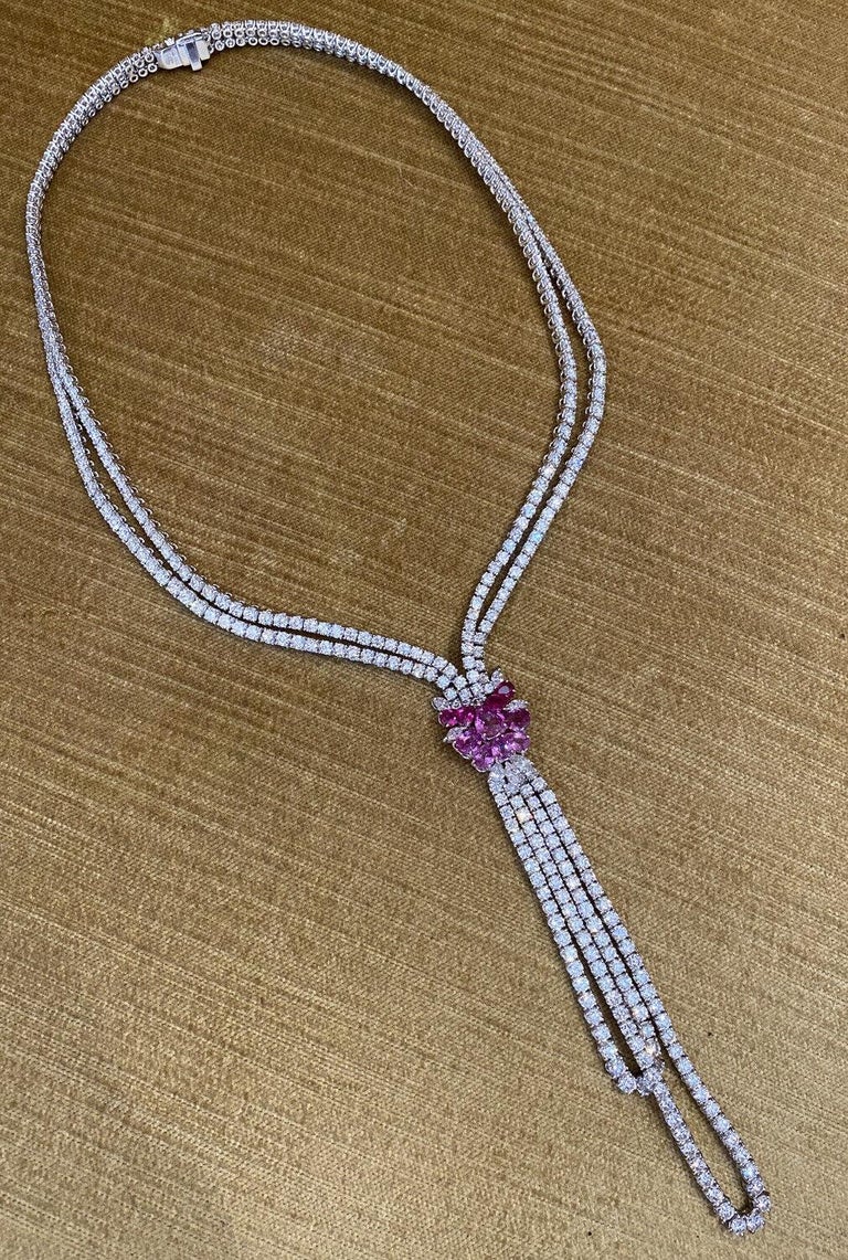 Stefan Hafner Y Diamond Necklace with Pink Sapphires in 18k White Gold ...