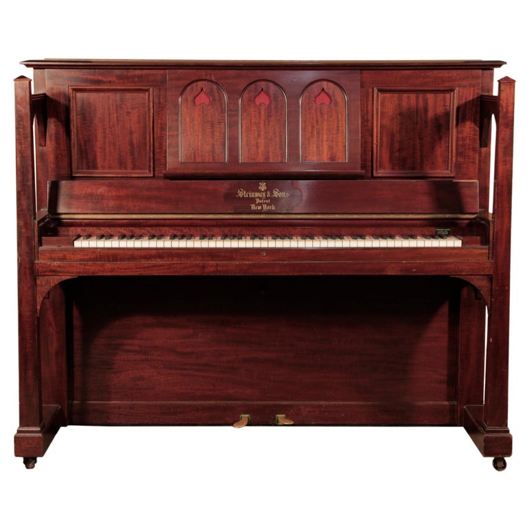 Steinway Upright Piano Arts and Crafts Mahogany Sculptural Legs Cut-Out ...