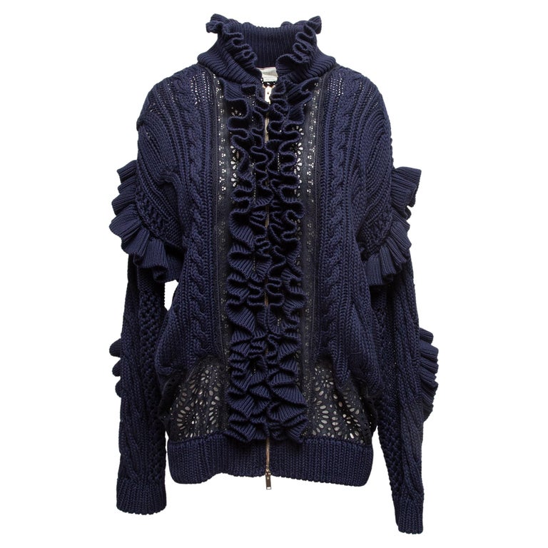 Stella McCartney Navy Cable Knit Ruffle Zip Sweater For Sale at 1stDibs