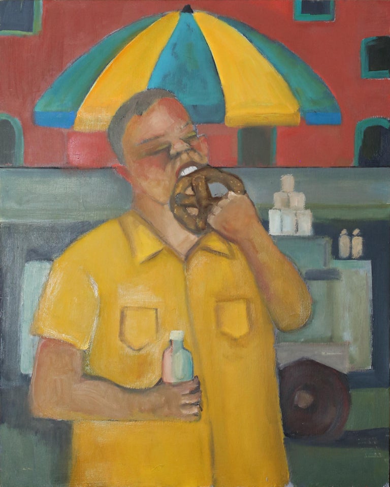 Stephen Basso - Pretzel Boy colourful painting urban setting children ...