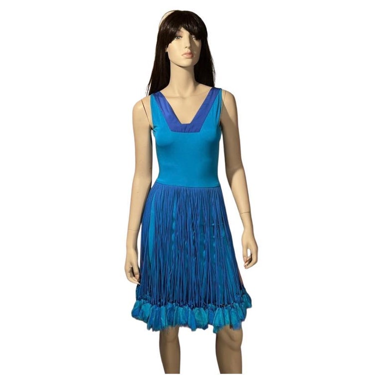 Stephen Burrows Bright Cerulean Blue Jersey, Taffeta and Chiffon Tassel ...