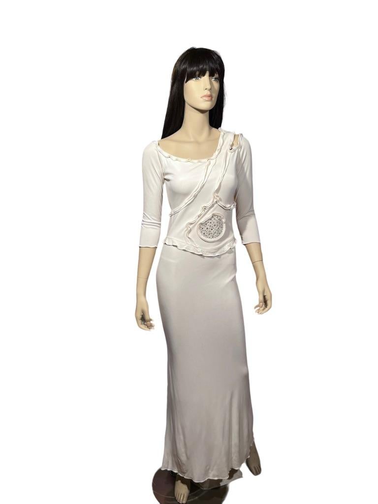 Stephen Burrows Classic Cream Lettuce-Edge Gown For Sale at 1stDibs
