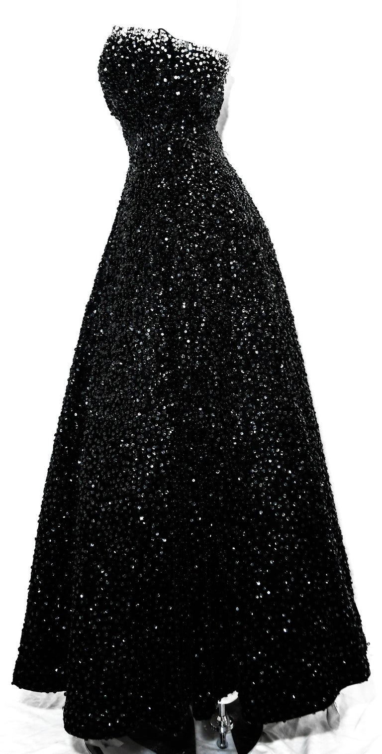 Stephen Yearick Black Sequined Strapless Gown With Silver Tone Beaded ...