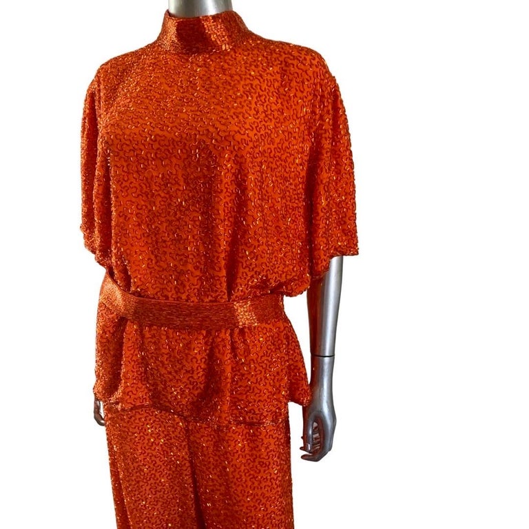 Stephen Yearick Custom Made Orange Silk Bugle Bead Tunic and Pant Set ...