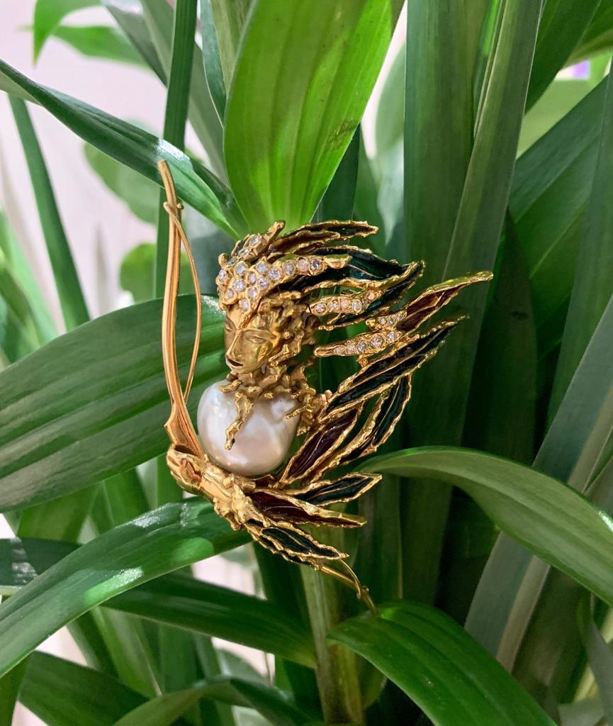 Sterle Enamel Pearl Diamond Gold Archer Brooch For Sale at 1stDibs ...