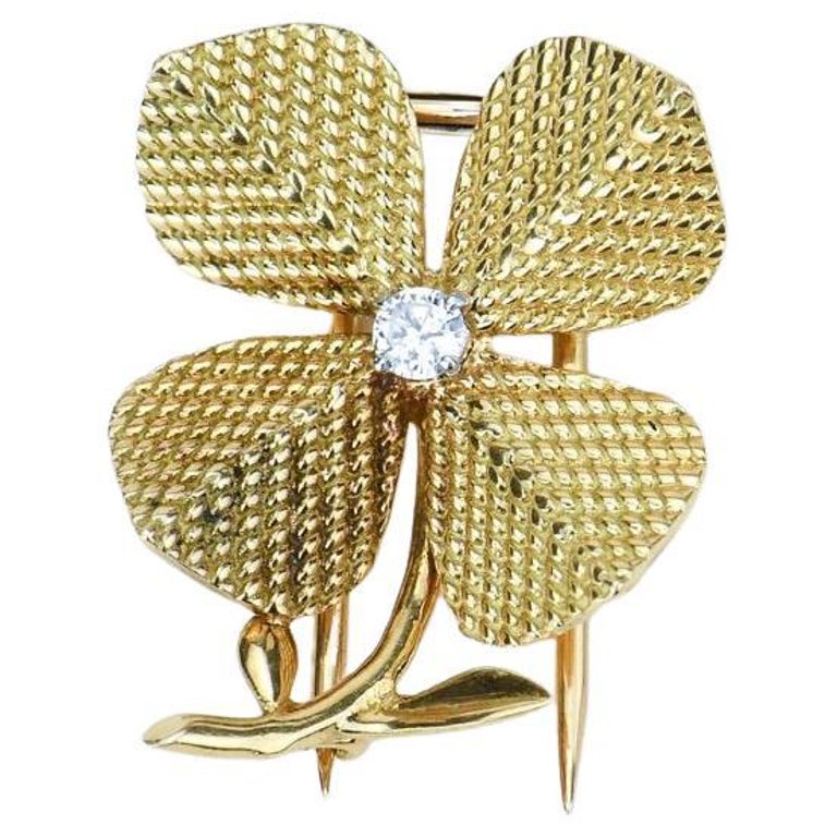 Sterle Vintage Gold and Diamond Four Leaf Clover Brooch For Sale at 1stDibs