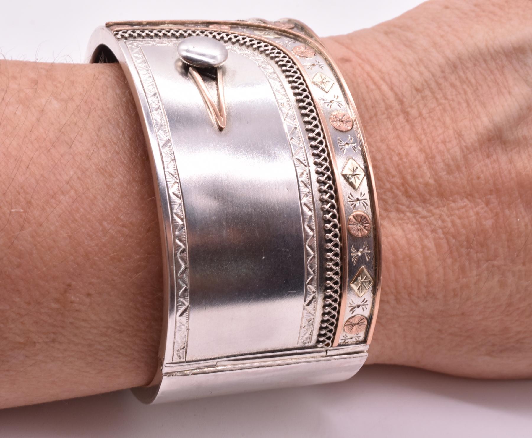 Sterling and 3 Color Gold Bangle Whimsically Depicted as a "Cuff" at ...