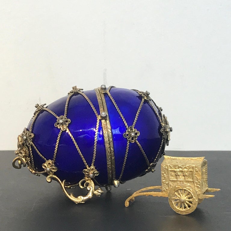 Sterling and Cobalt Blue Enamel Egg Music Box, in the Style of Fabergé ...