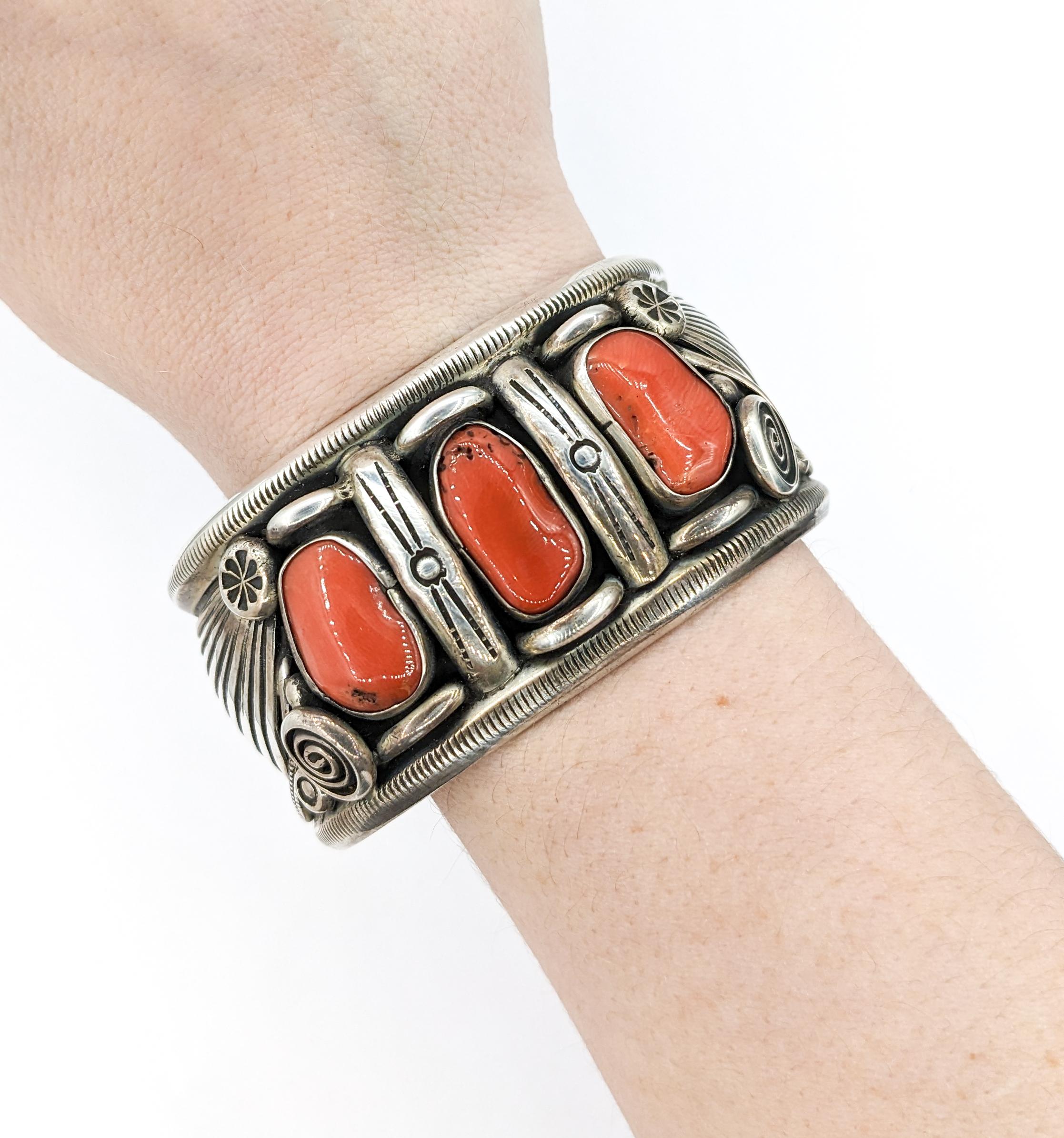 Sterling Coral Navajo Cuff Bracelet For Sale at 1stDibs