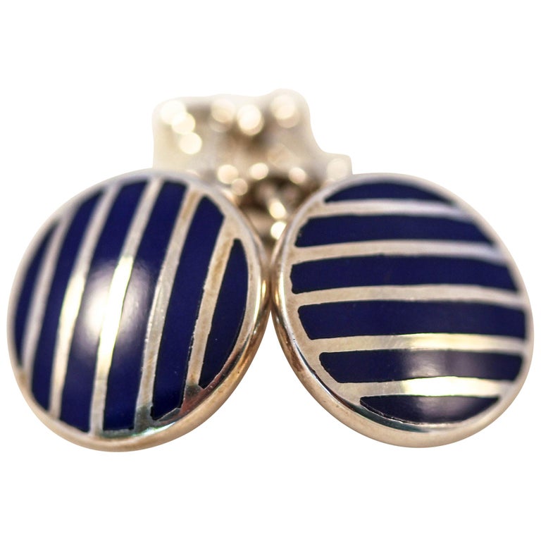 Sterling Round Blue Striped Cufflinks For Sale at 1stDibs