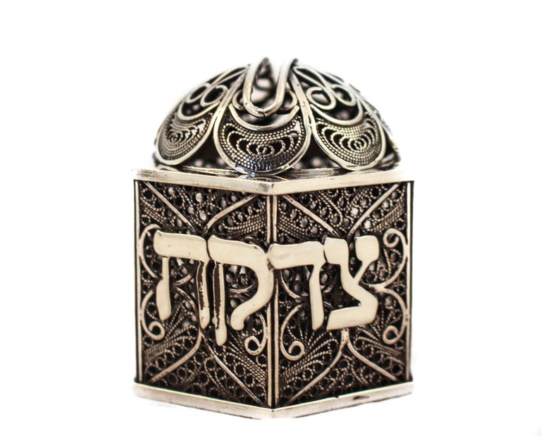 Sterling Shabbat Candlesticks and Matching Charity Box For Sale at 1stDibs