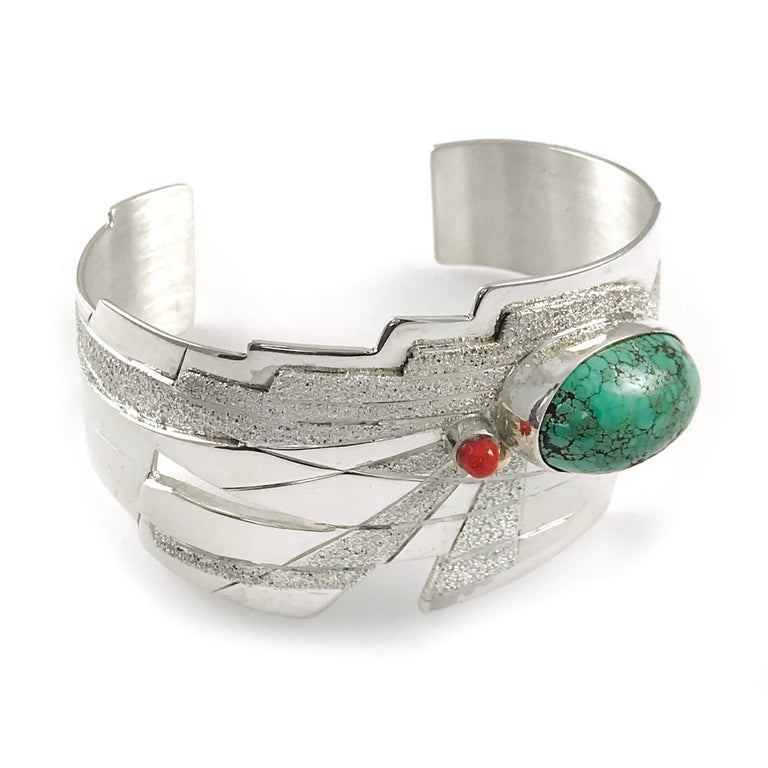 Sterling Silver 14 Karat Green Carico Turquoise Cuff For Sale at ...