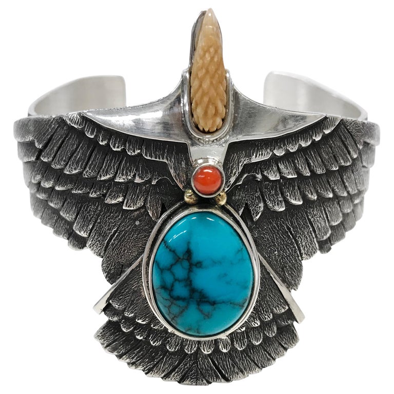 Sterling Silver 14 Karat Kingman Turquoise Eagle Cuff Bracelet at 1stDibs