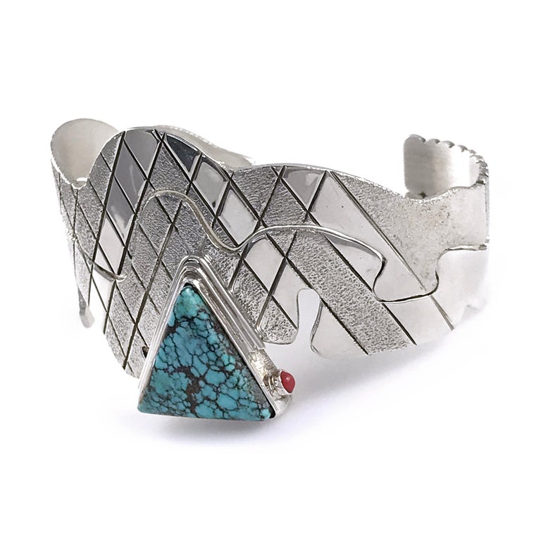 Sterling Silver 14 Karat Lander Turquoise Dual Snake Cuff For Sale at ...