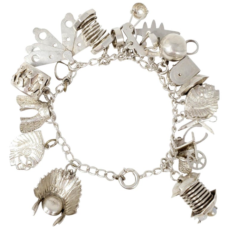 Sterling Silver 19 Charm Assortment Chain Bracelet, Mid 1900s, Mexico ...