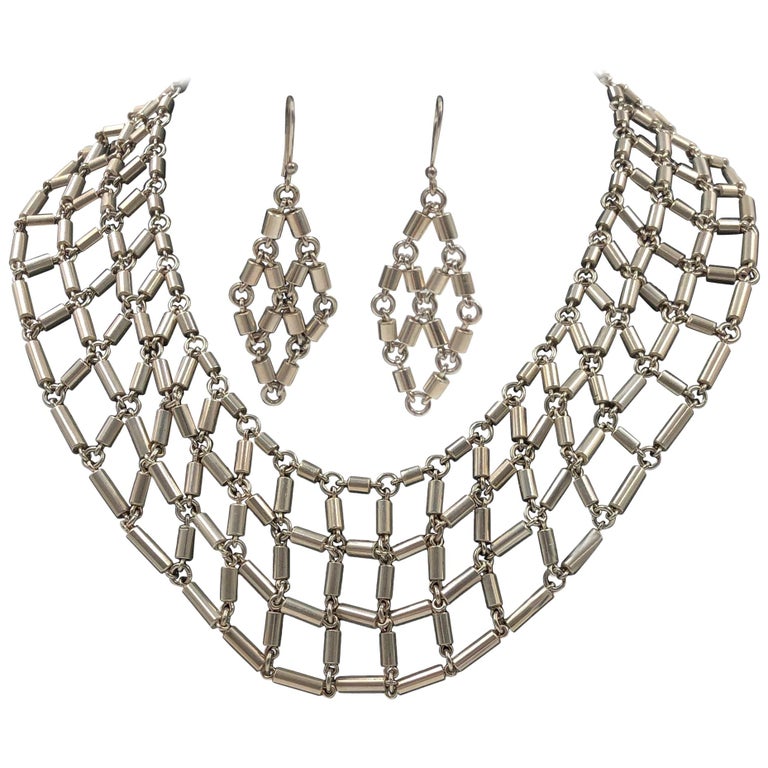 Sterling Silver Artisan Made 925 Linked Collar and Earring Set For Sale ...