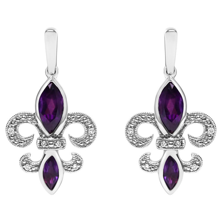 Sterling Silver Amethyst and Diamond Accent Fleur De Lis Dangle Stud Earrings For Sale at 1stDibs