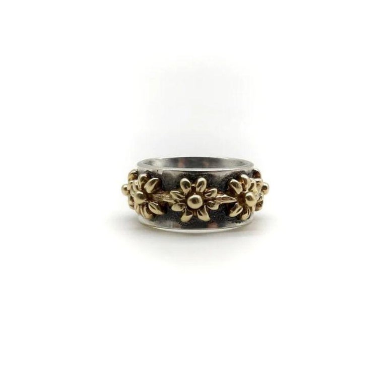 Sterling Silver and 14K Wide Band Daisy Chain Ring For Sale at 1stDibs