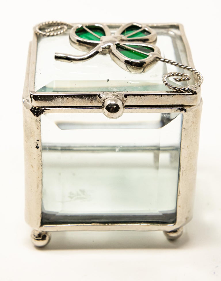 Sterling Silver and Beveled Glass Trinket Box with Clover For Sale at ...