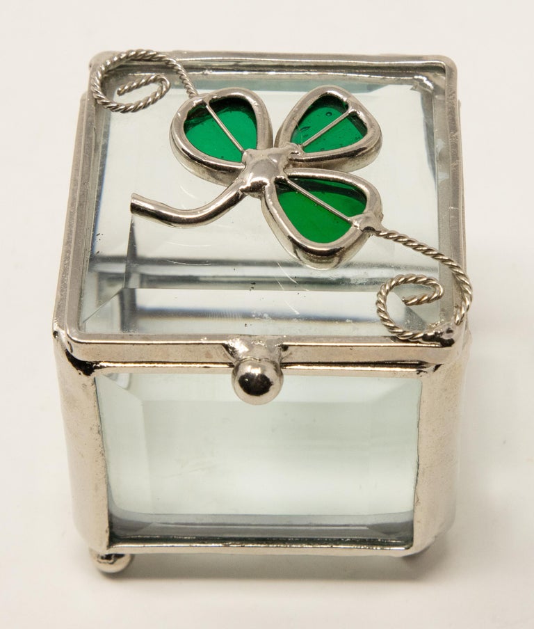 Sterling Silver and Beveled Glass Trinket Box with Clover For Sale at ...