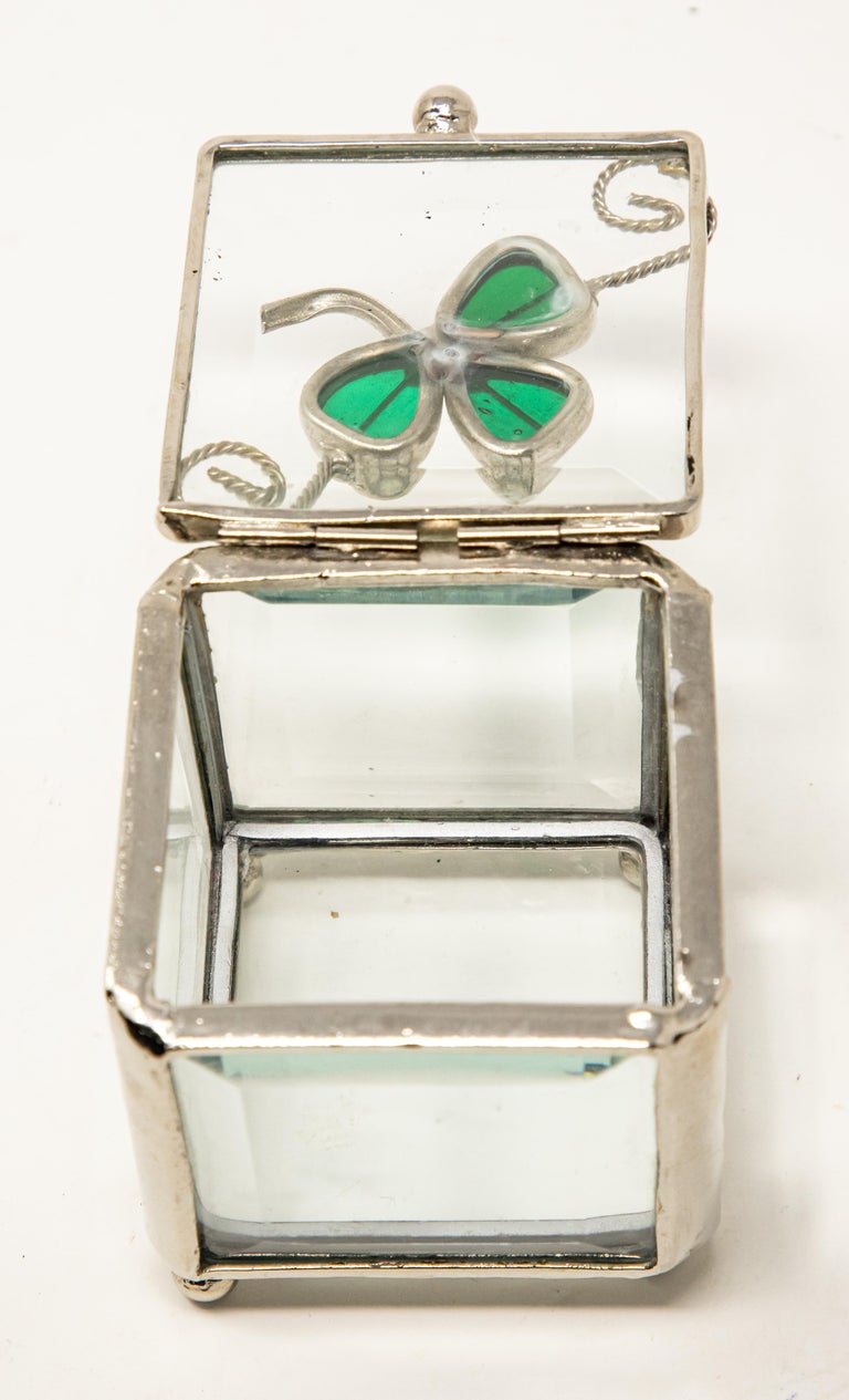 Sterling Silver and Beveled Glass Trinket Box with Clover For Sale at ...