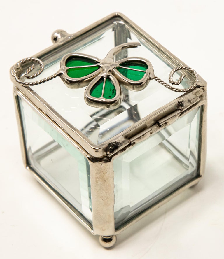Sterling Silver and Beveled Glass Trinket Box with Clover For Sale at ...